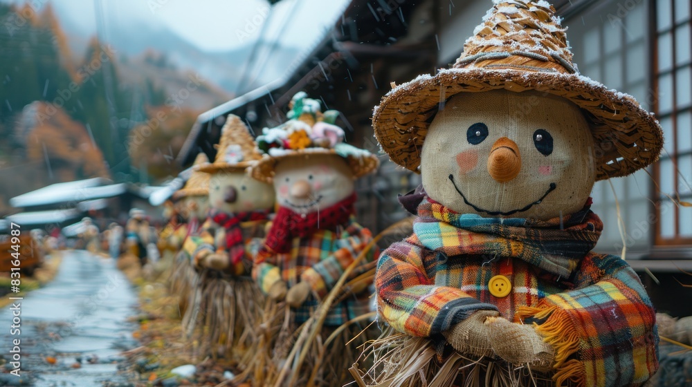 A cozy mountain village in Japan, where scarecrows dressed as villagers ...