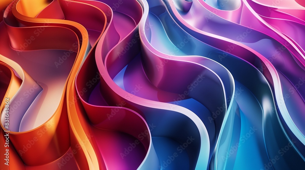 : Abstract high key 3D extruded design with flowing colors in a geometric pattern, creating a ...