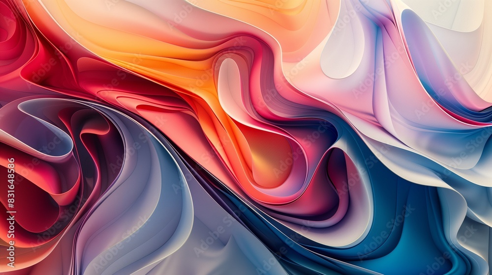 : Abstract high key 3D extruded design with flowing colors in a geometric pattern, creating a ...