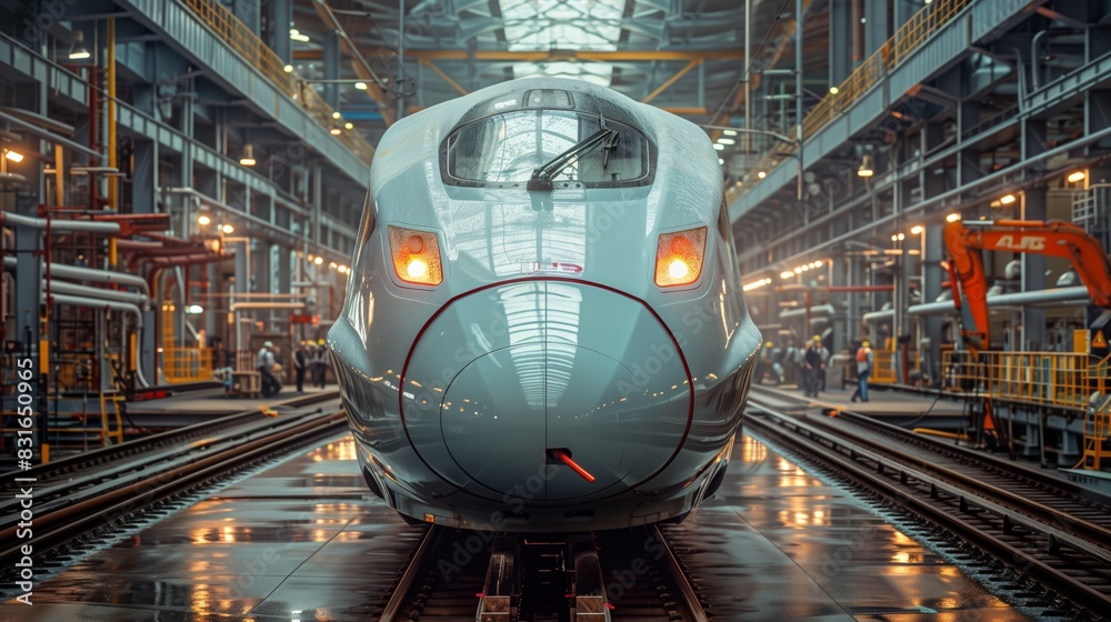 High-Speed Train in Industrial Maintenance Depot. Front view of a high ...