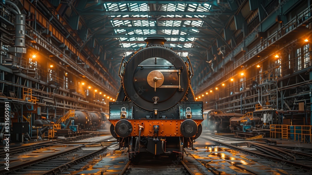 Classic Steam Train in Historical Maintenance Facility. Front view of a ...