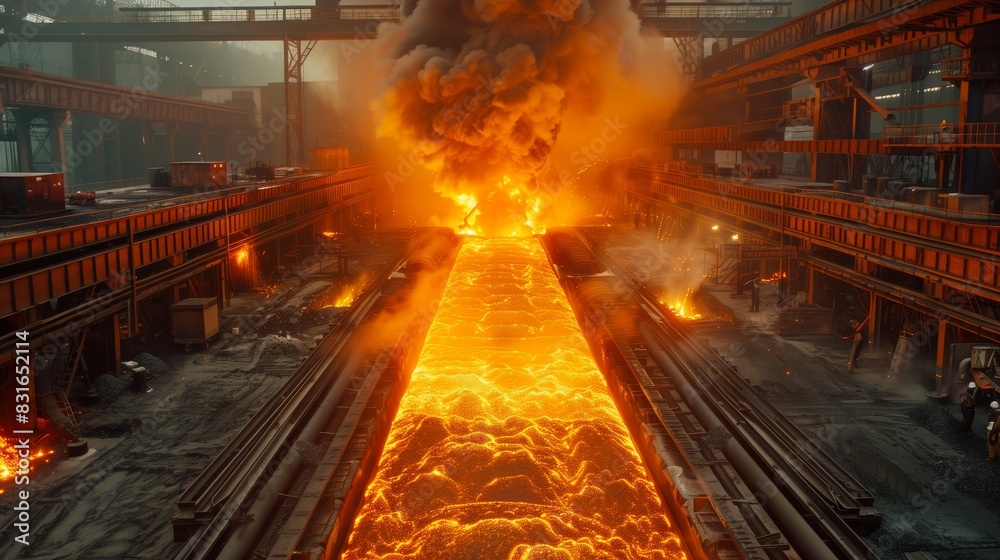 Molten Metal Flow in Steel Mill. Dramatic scene in a steel mill with ...