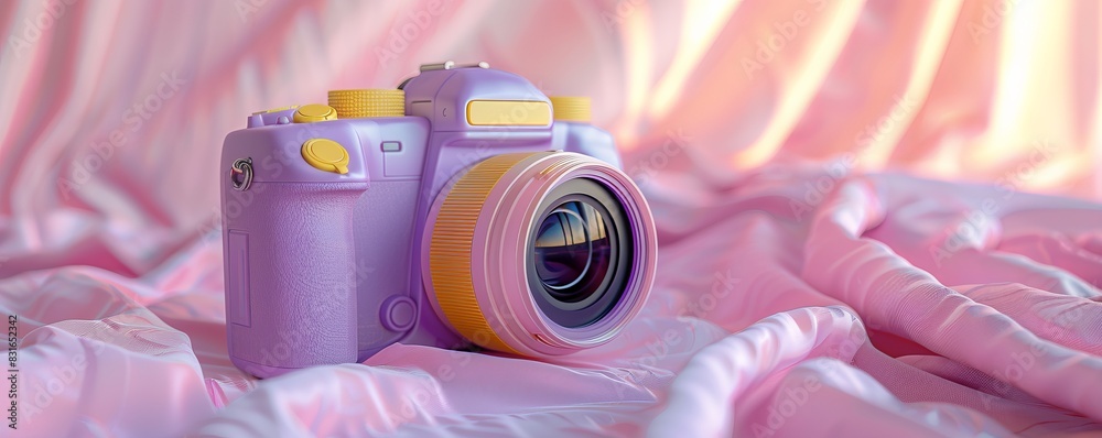 3D rendering of a purple and yellow camera on a pink background. Camera ...