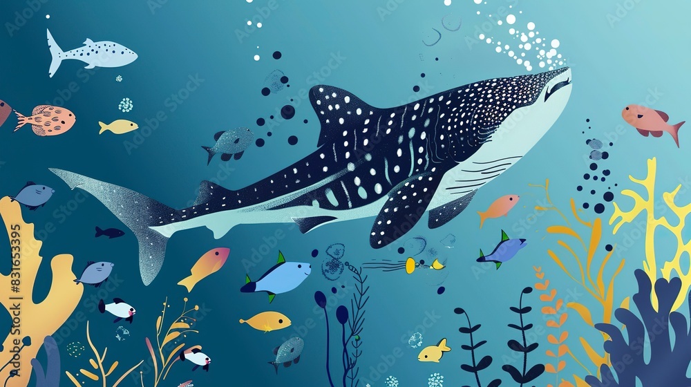 Whale shark and fish flat design top view, underwater fantasy ...