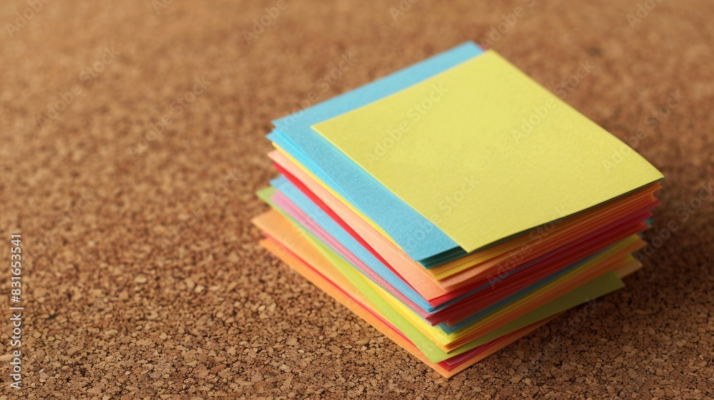 A close-up photo of a stack of colorful sticky notes arranged on a ...