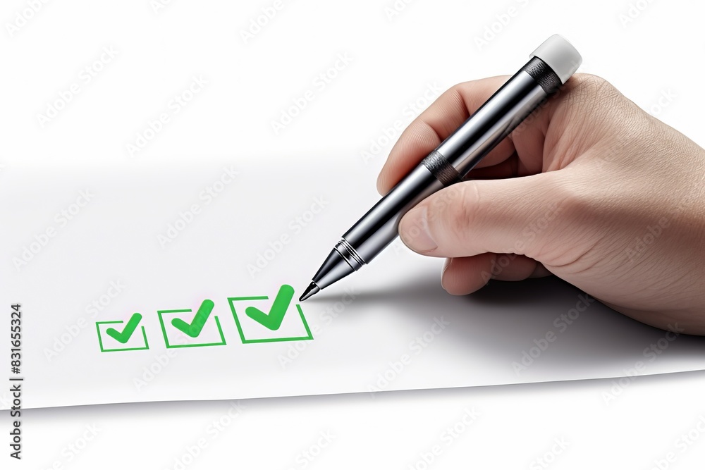 Hand holding a pen checking green checkboxes on white paper ...