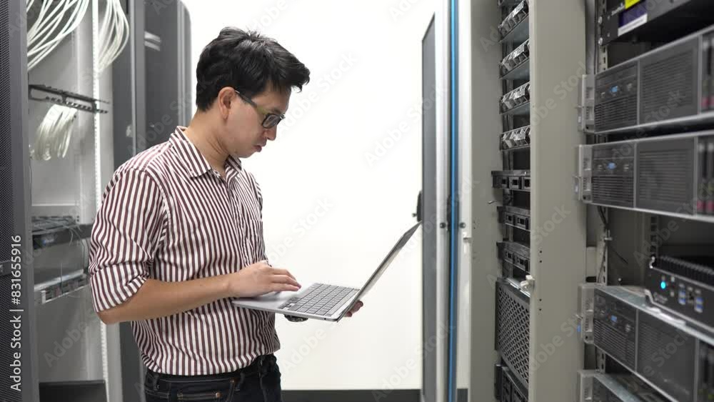Network engineer working in server room,Male IT Specialist Standing in ...