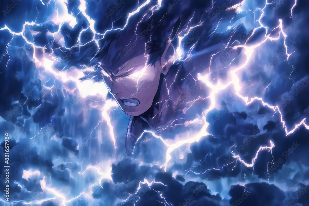 Close up of blue clouds and lightning in anime illustration Stock ...