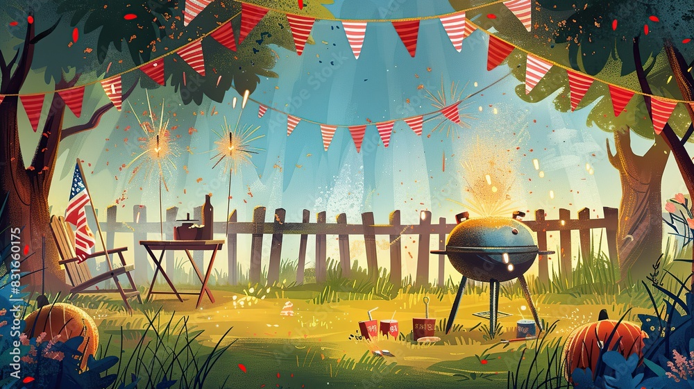 Hand-painted clipart of 4th of July picnic scene with barbecue, flags ...