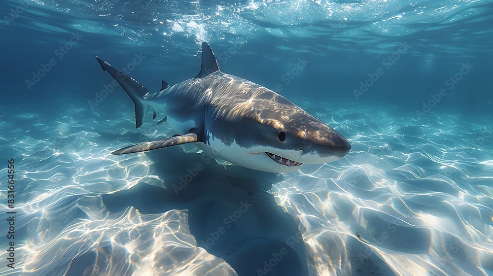 A powerful shark swimming through clear ocean waters, showcasing its ...