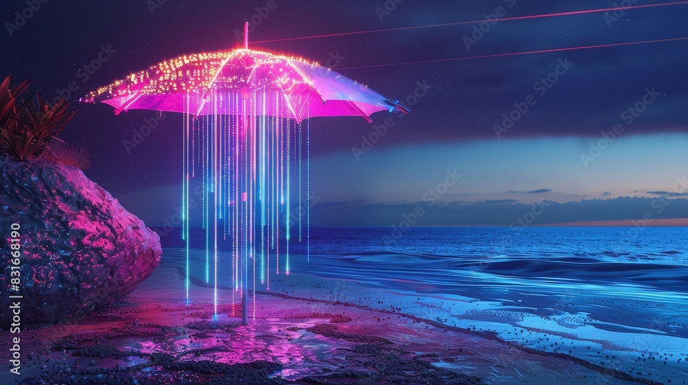 Neon umbrella on a digital beach at night - A digital artwork featuring ...