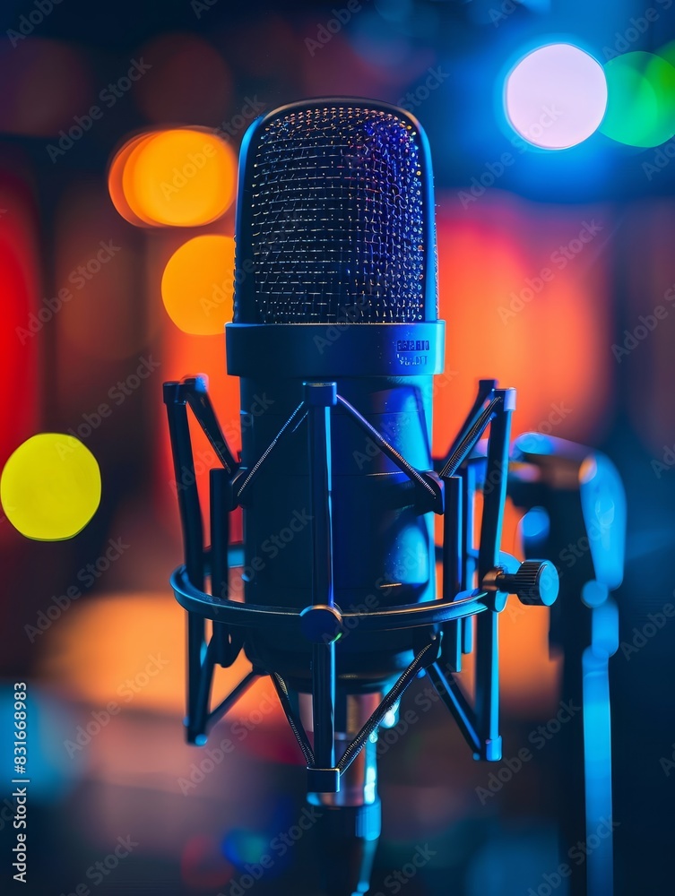 Studio microphone with a bokeh light background - A studio microphone with a colorful bokeh ...