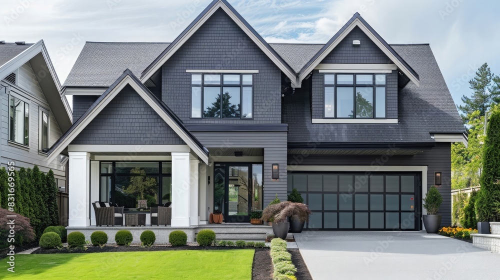 Foto de gray house with white trim and black roof, front view of two ...
