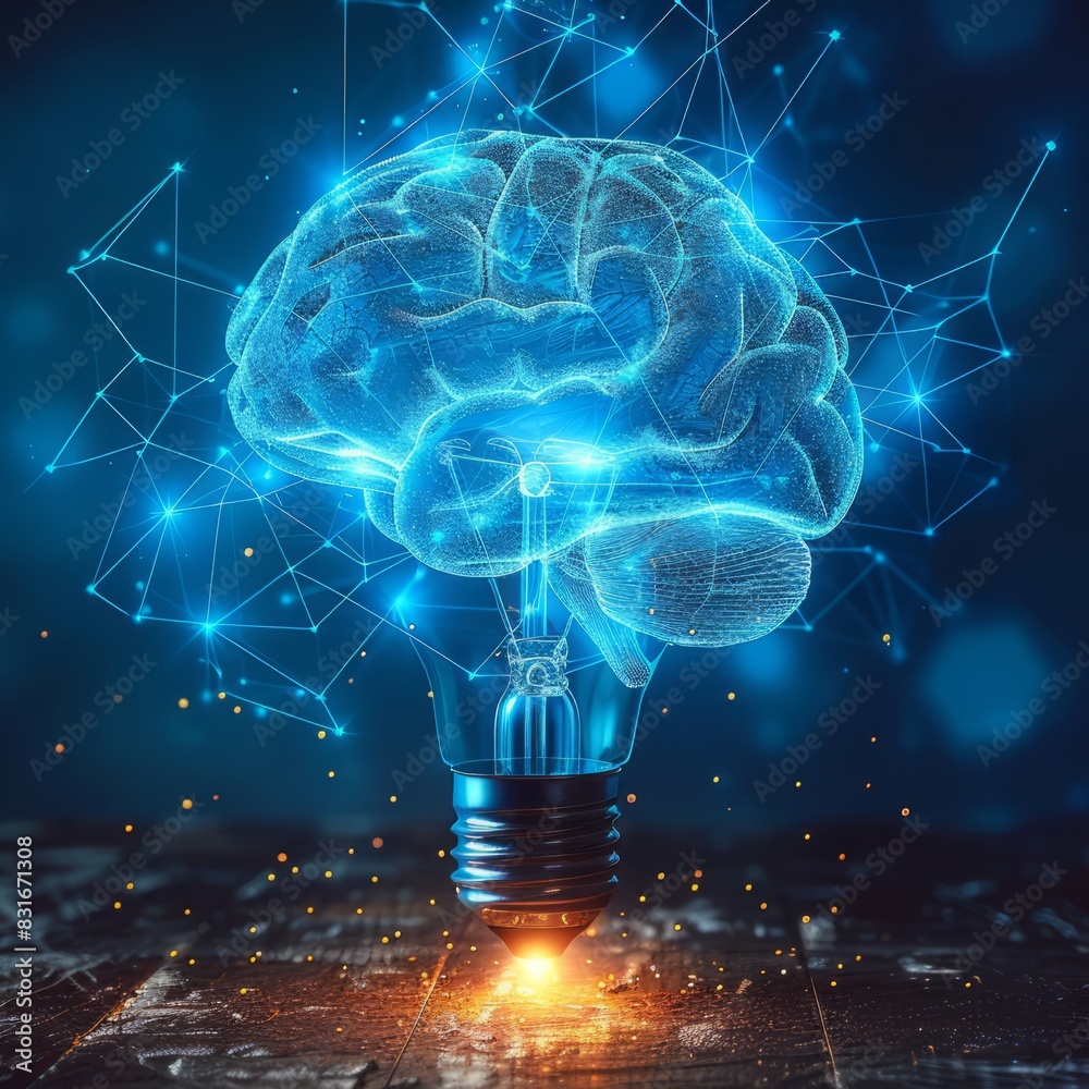 Artificial Intelligence brain, Glowing Neural Pathways and Luminous Fibers, Striking Silhouette ...