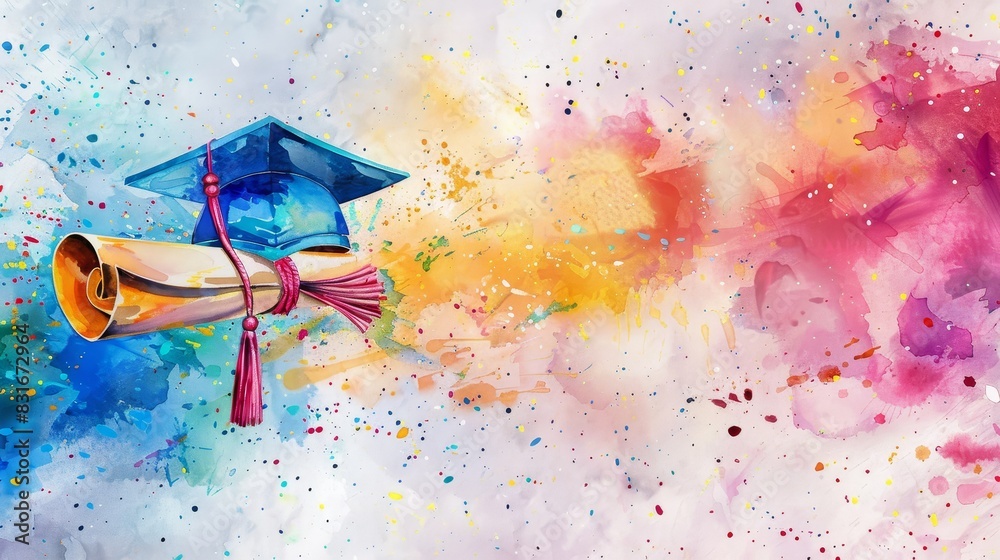 Watercolor graduation cap and certificate artwork - Artistic watercolor ...