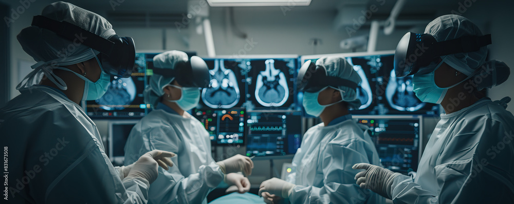 A group of surgeons are wearing full body suits and are looking at a ...