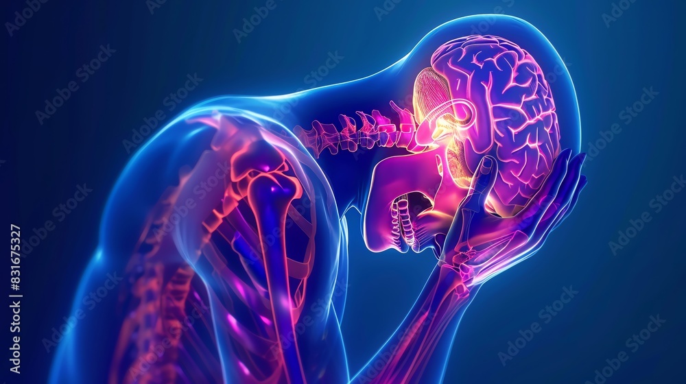 3d render of pain in the body, human with head down holding his hand on ...