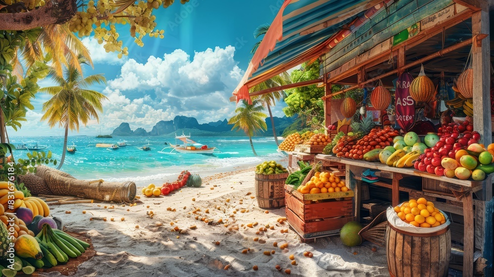 Tropical beach fruit stand with a boat - Vibrant beach scene featuring ...