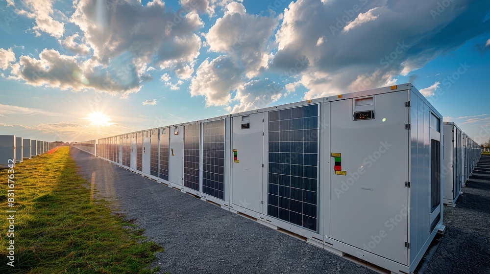 Solar power containers in a field during sunset - Rows of solar energy ...