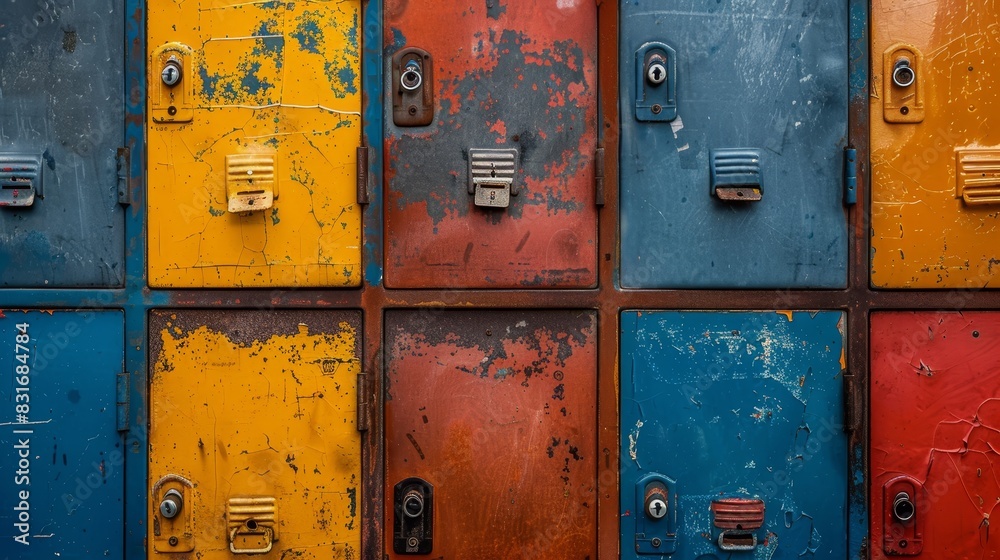 Vibrant old-school locker doors up close, each with a unique lock ...