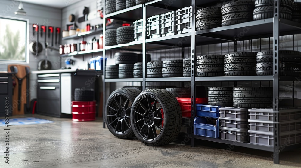 Clean, contemporary garage setup featuring black alloy wheels on robust ...
