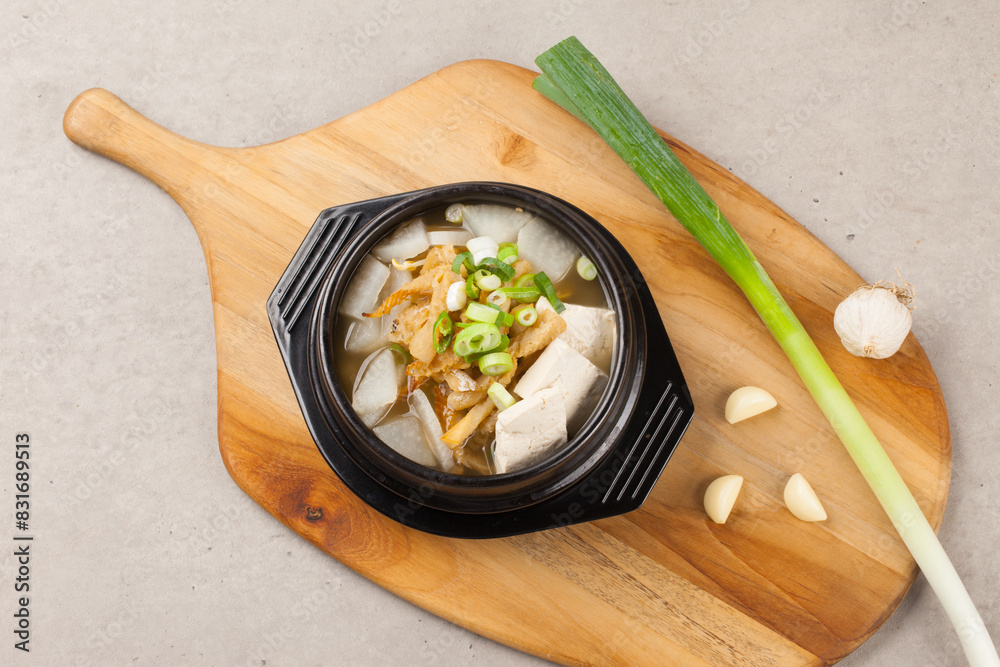 Soup made by tearing dried dried pollack into small pieces, adding ...