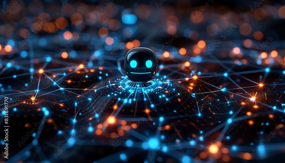 Central chatbot icon in a glowing network of blue and orange ...