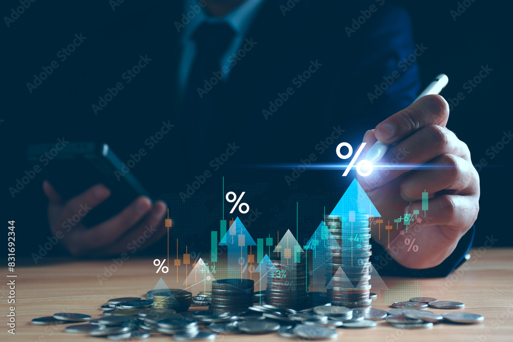 Interest rate increase concept. Business value percentage and up arrow ...