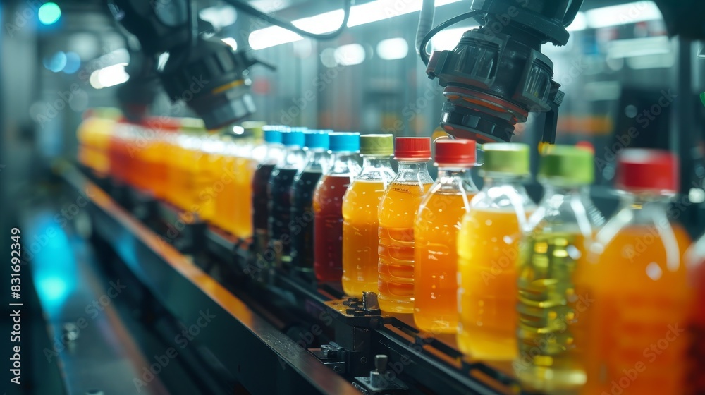 Detailed shot of robotic arms placing caps on juice bottles, different ...