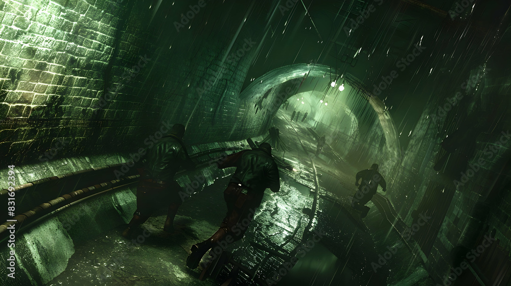 A dynamic action shot of a chase scene in the sewers, with characters ...
