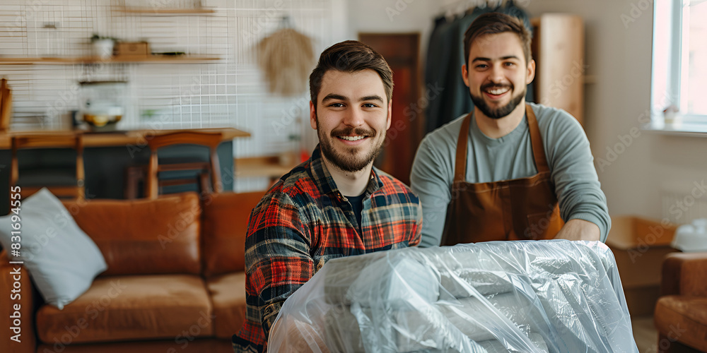 Two Happy Men Moving Furniture | Friends Helping with Relocation" Stock ...