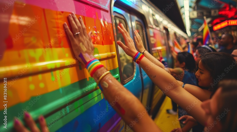 Embracing Diversity: Crowd Admiring Vibrant LGBT Flags on Train, Unity ...