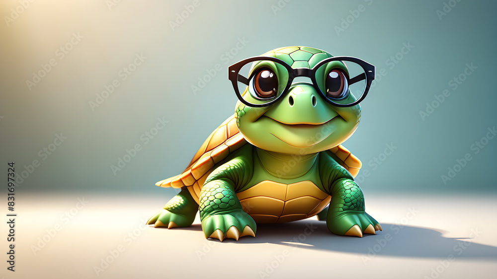 Cute little green turtle with glasses in front of studio background ...