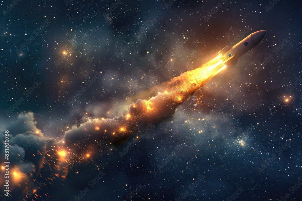 A 3D rocket ship blasting off into space, leaving a trail of fire ...