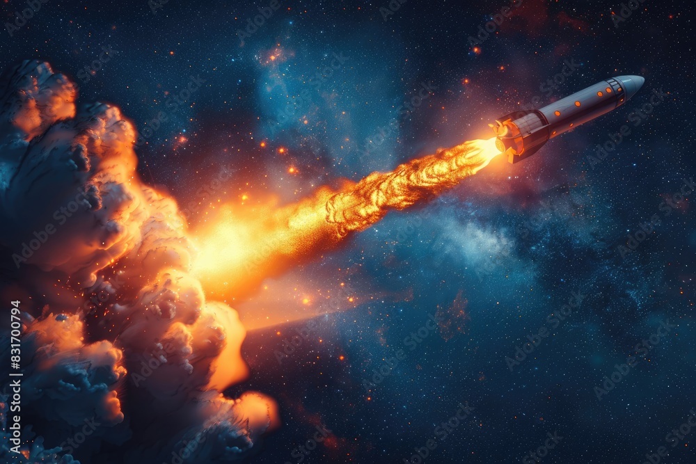 A 3D rocket ship blasting off into space, leaving a trail of fire ...