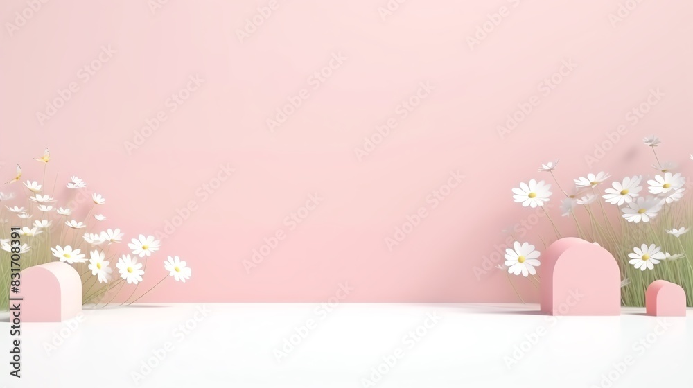 Minimalistic pink background with white floral decorations. Ideal for ...