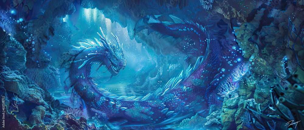 Mythical sea dragon coils in a dimly lit underwater cave, surrounded by ...