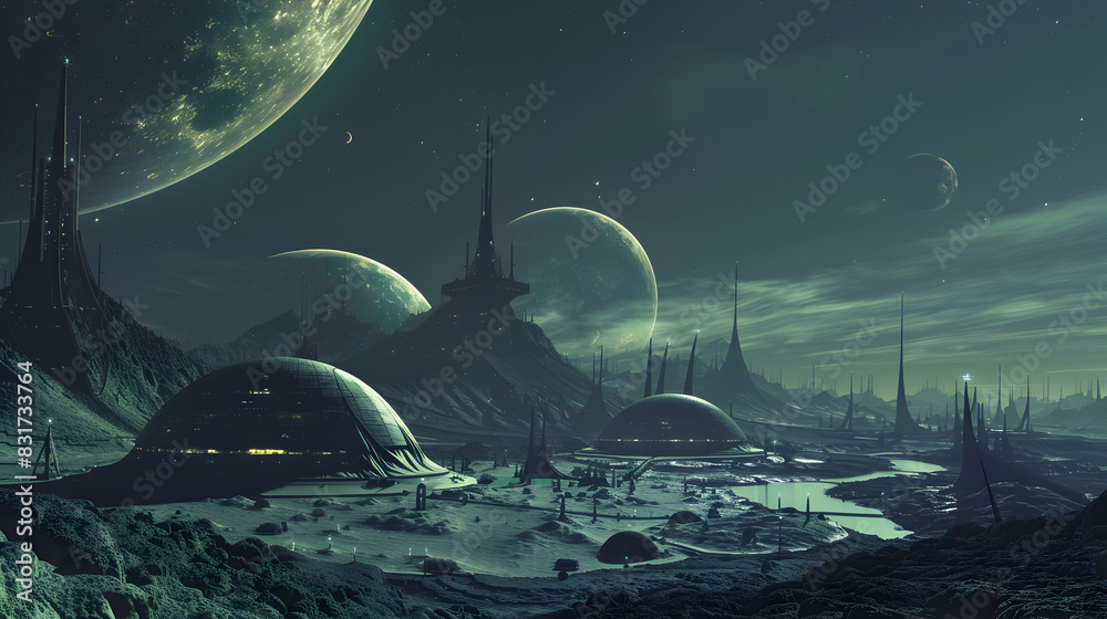 An evocative scene of a space colony on a distant planet, with ...