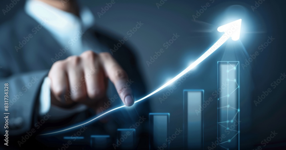 Businessman pressing growth graph. Businessman points to upwardly ...