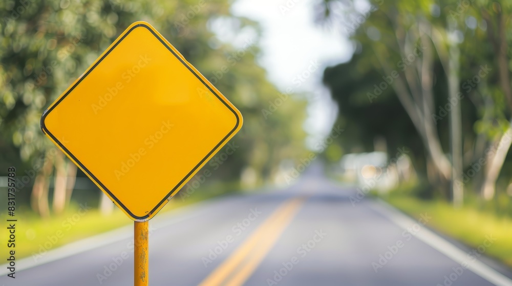 Bright yellow diamond-shaped road sign on a blurred rural road ...