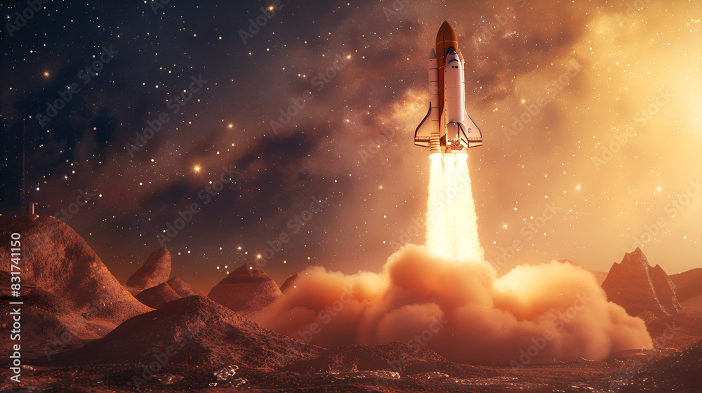 Rocket lift off through the clouds and flies into outer deep space ...