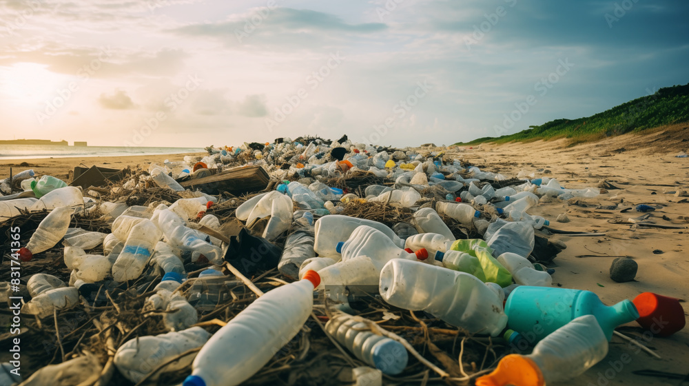 Beach clean-up : Garbage pile on the beach. Plastic pollution on the ...