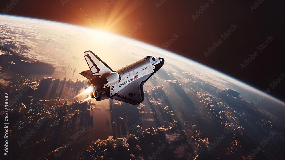 Spaceship lift off. Glowing space shuttle with smoke and blast takes ...