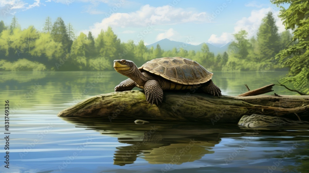 Vibrant illustration of a snapping turtle basking in the sun on a log ...