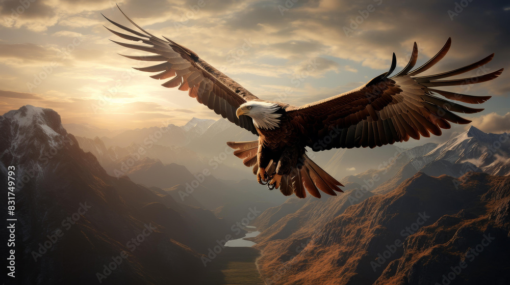 Stunning illustration of a bald eagle in flight over mountainous ...