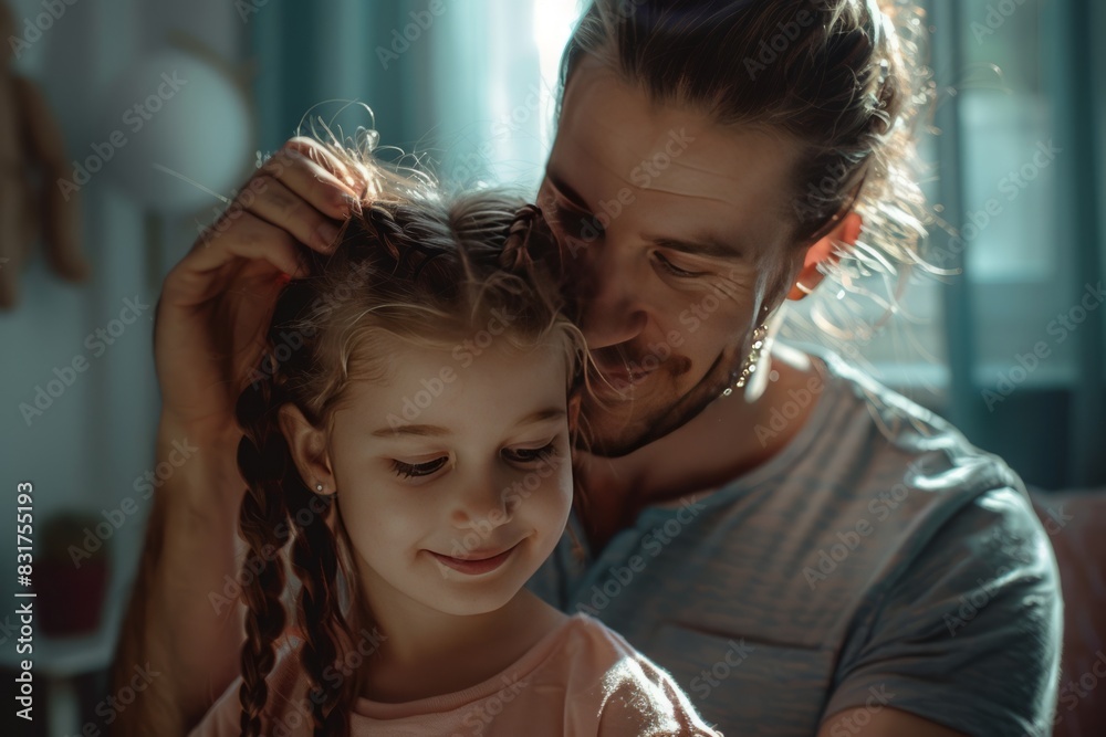 Father combing and braiding daughter's hair as part of bedtime routine ...