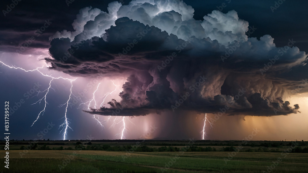 A stormy dark sky with black clouds and lightnings, heavy storm ...