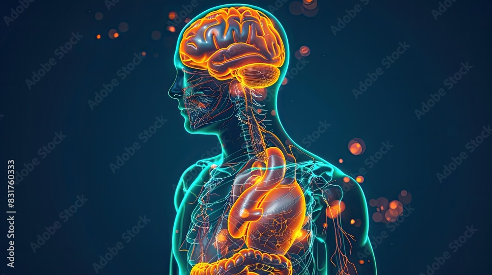 Anatomy of human upper body with glowing organs showcasing brain, heart ...