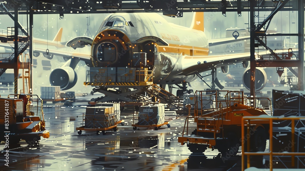 Cargo plane being unloaded, with freight on trolleys, realistic render ...