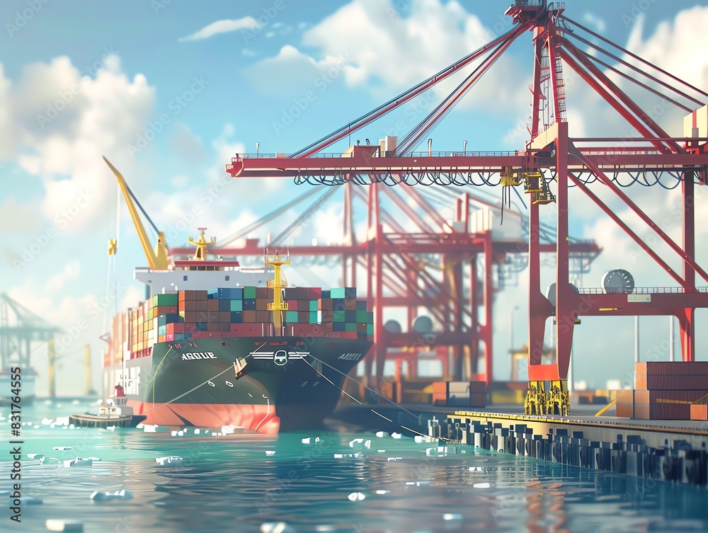 Cargo ship docked at a port, with cranes unloading containers ...